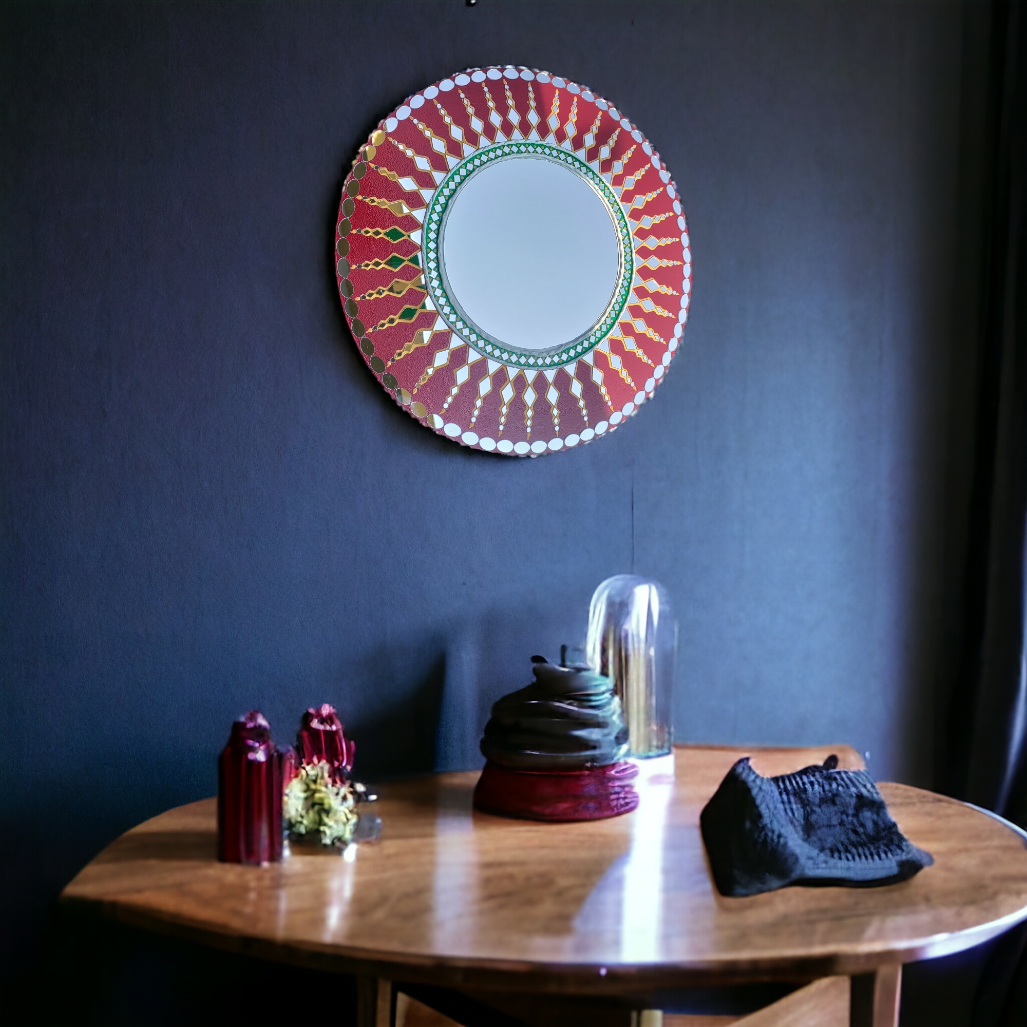 16" Handmade Lippan Art Wall Decor with large mirror at the centre for ...